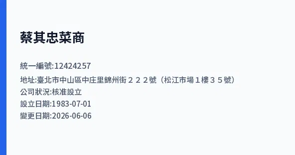 蔡其忠菜商的照片-統編 12424257(臺北市) 公司登記資料與營業項目詳細圖表