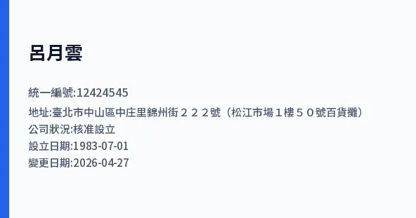 呂月雲的照片-統編 12424545(臺北市) 公司登記資料與營業項目詳細圖表