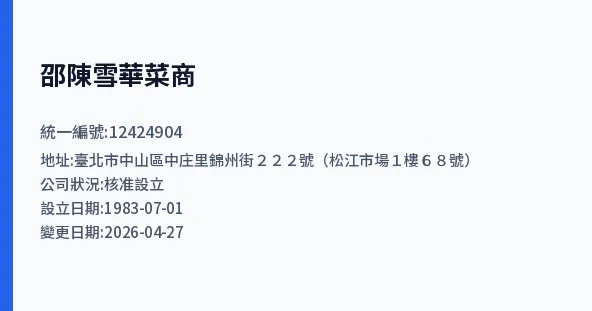 邵陳雪華菜商的照片-統編 12424904(臺北市) 公司登記資料與營業項目詳細圖表