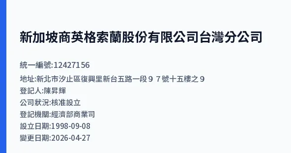 新加坡商英格索蘭股份有限公司台灣分公司的照片-統編 12427156(新北市) 公司登記資料與營業項目詳細圖表