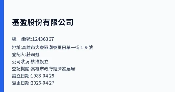 基盈股份有限公司的照片-統編 12436367(高雄市) 公司登記資料與營業項目詳細圖表