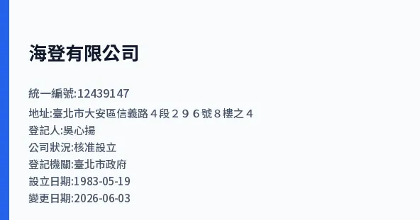 海登有限公司的照片-統編 12439147(臺北市) 公司登記資料與營業項目詳細圖表