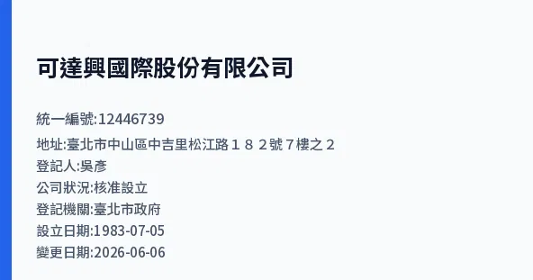 可達興國際股份有限公司的照片-統編 12446739(臺北市) 公司登記資料與營業項目詳細圖表