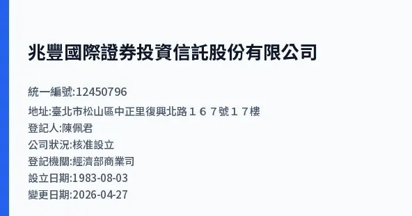 兆豐國際證券投資信託股份有限公司的照片-統編 12450796(臺北市) 公司登記資料與營業項目詳細圖表