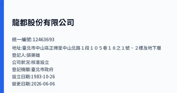 龍都股份有限公司的照片-統編 12463693(臺北市) 公司登記資料與營業項目詳細圖表