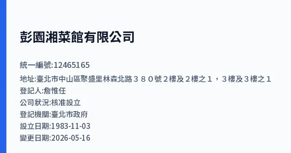 彭園湘菜館有限公司的照片-統編 12465165(臺北市) 公司登記資料與營業項目詳細圖表