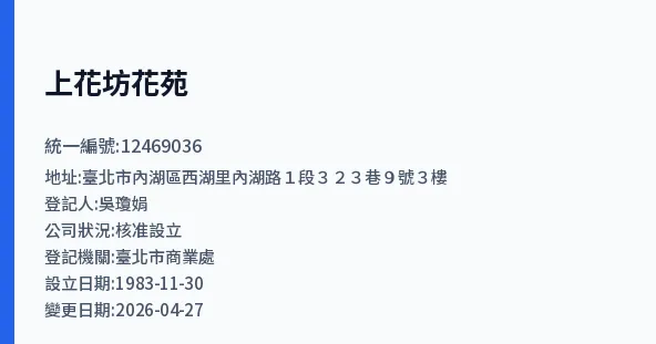 上花坊花苑的照片-統編 12469036(臺北市) 公司登記資料與營業項目詳細圖表