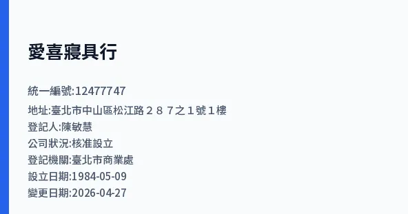 愛喜寢具行的照片-統編 12477747(臺北市) 公司登記資料與營業項目詳細圖表