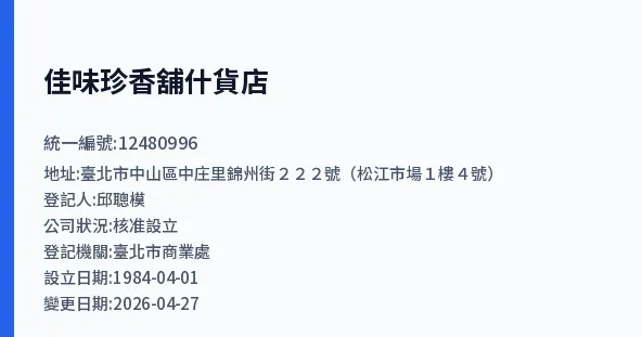 佳味珍香舖什貨店的照片-統編 12480996(臺北市) 公司登記資料與營業項目詳細圖表