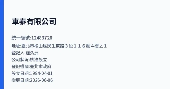 車泰有限公司的照片-統編 12483728(臺北市) 公司登記資料與營業項目詳細圖表
