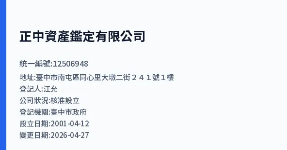 正中資產鑑定有限公司的照片-統編 12506948(臺中市) 公司登記資料與營業項目詳細圖表