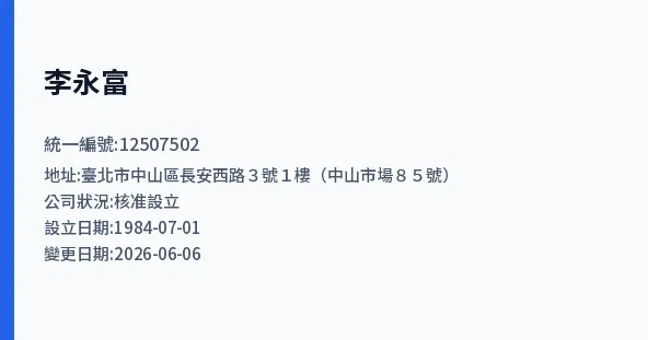 李永富的照片-統編 12507502(臺北市) 公司登記資料與營業項目詳細圖表