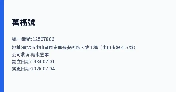 萬福號的照片-統編 12507806(臺北市) 公司登記資料與營業項目詳細圖表