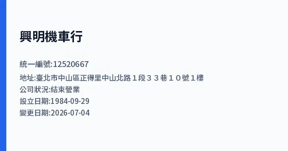 興明機車行的照片-統編 12520667(臺北市) 公司登記資料與營業項目詳細圖表