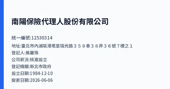 南陽保險代理人股份有限公司的照片-統編 12530314(臺北市) 公司登記資料與營業項目詳細圖表