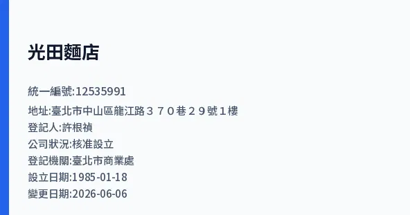 光田麵店的照片-統編 12535991(臺北市) 公司登記資料與營業項目詳細圖表