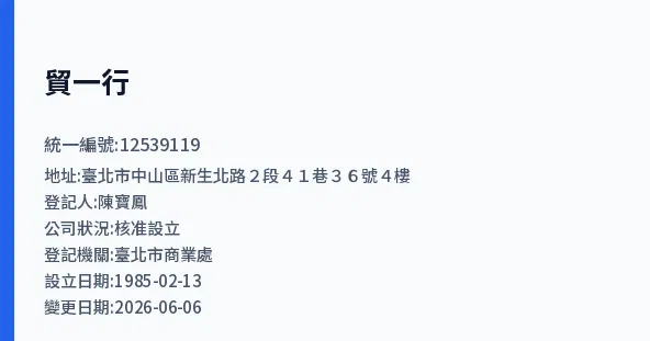 貿一行的照片-統編 12539119(臺北市) 公司登記資料與營業項目詳細圖表