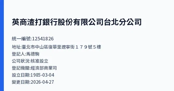 英商渣打銀行股份有限公司台北分公司的照片-統編 12541826(臺北市) 公司登記資料與營業項目詳細圖表