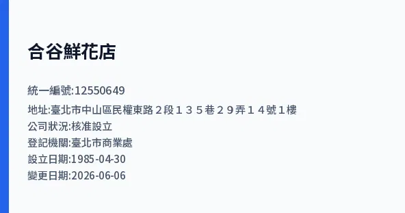 合谷鮮花店的照片-統編 12550649(臺北市) 公司登記資料與營業項目詳細圖表