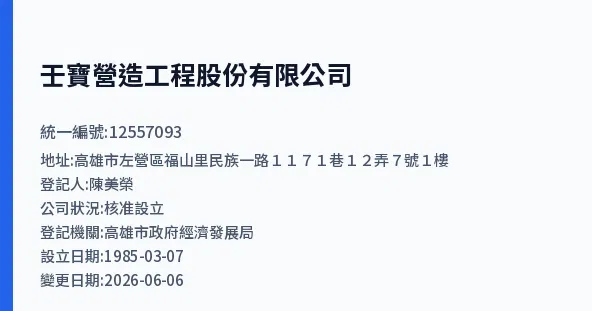 壬寶營造工程股份有限公司的照片-統編 12557093(高雄市) 公司登記資料與營業項目詳細圖表