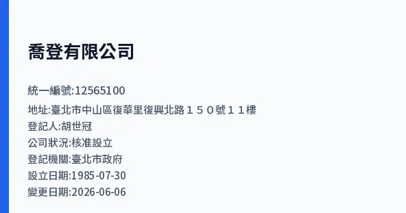 喬登有限公司的照片-統編 12565100(臺北市) 公司登記資料與營業項目詳細圖表