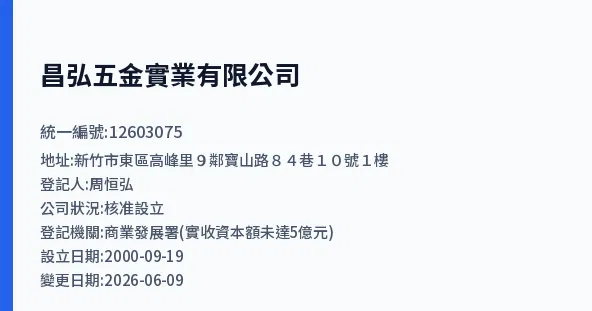 昌弘五金實業有限公司的照片-統編 12603075(新竹市) 公司登記資料與營業項目詳細圖表