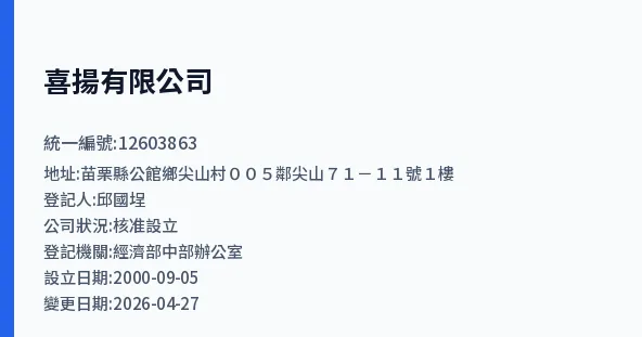 喜揚有限公司的照片-統編 12603863(苗栗縣) 公司登記資料與營業項目詳細圖表