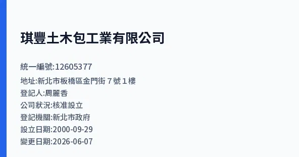 琪豐土木包工業有限公司的照片-統編 12605377(新北市) 公司登記資料與營業項目詳細圖表