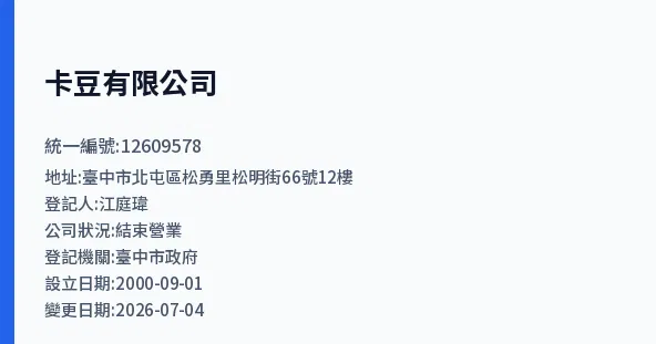 卡豆有限公司的照片-統編 12609578(臺中市) 公司登記資料與營業項目詳細圖表