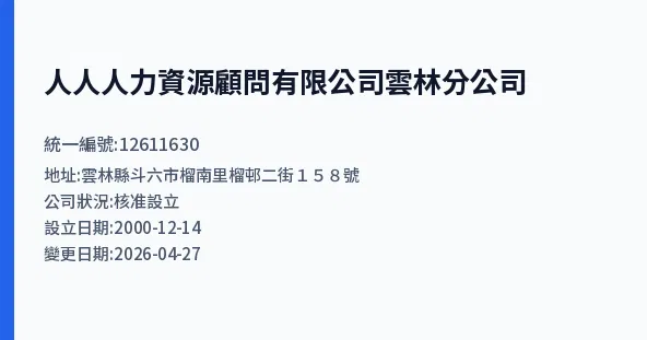 人人人力資源顧問有限公司雲林分公司的照片-統編 12611630(雲林縣) 公司登記資料與營業項目詳細圖表
