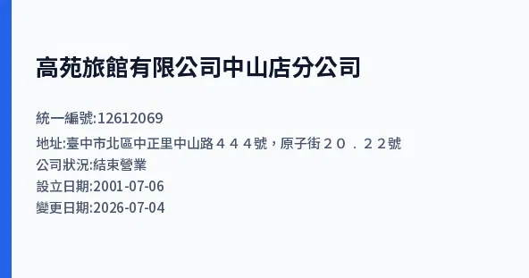 高苑旅館有限公司中山店分公司的照片-統編 12612069(臺中市) 公司登記資料與營業項目詳細圖表