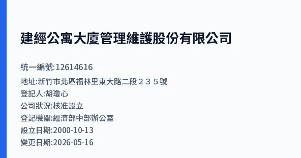 建經公寓大廈管理維護股份有限公司的照片-統編 12614616(新竹市) 公司登記資料與營業項目詳細圖表