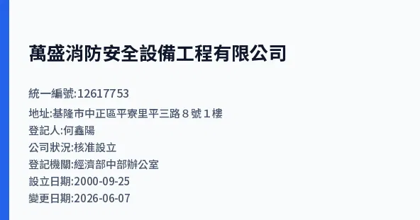 萬盛消防安全設備工程有限公司的照片-統編 12617753(基隆市) 公司登記資料與營業項目詳細圖表