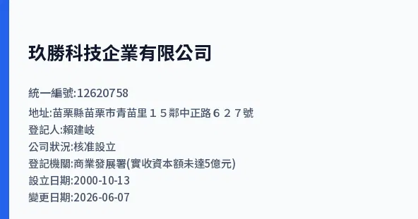 玖勝科技企業有限公司的照片-統編 12620758(苗栗縣) 公司登記資料與營業項目詳細圖表