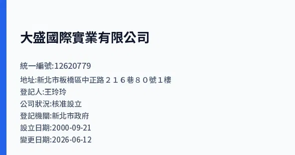 大盛國際實業有限公司的照片-統編 12620779(新北市) 公司登記資料與營業項目詳細圖表