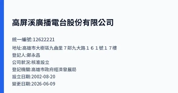 高屏溪廣播電台股份有限公司的照片-統編 12622221(高雄市) 公司登記資料與營業項目詳細圖表