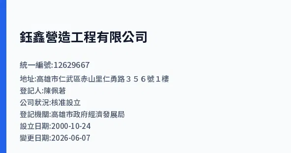 鈺鑫營造工程有限公司的照片-統編 12629667(高雄市) 公司登記資料與營業項目詳細圖表