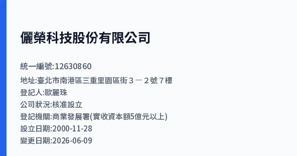 儷榮科技股份有限公司的照片-統編 12630860(臺北市) 公司登記資料與營業項目詳細圖表