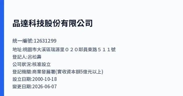 品達科技股份有限公司的照片-統編 12631299(桃園市) 公司登記資料與營業項目詳細圖表