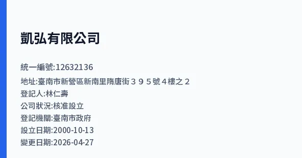 凱弘有限公司的照片-統編 12632136(臺南市) 公司登記資料與營業項目詳細圖表
