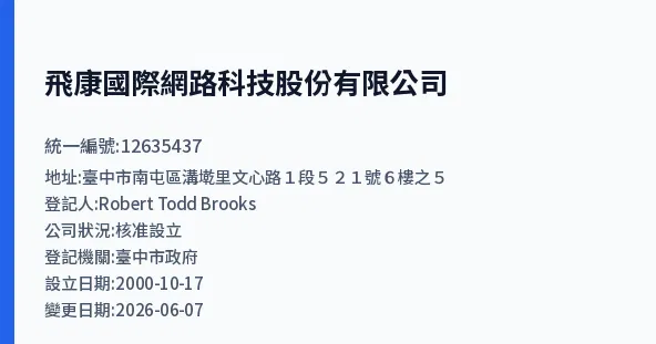 飛康國際網路科技股份有限公司的照片-統編 12635437(臺中市) 公司登記資料與營業項目詳細圖表