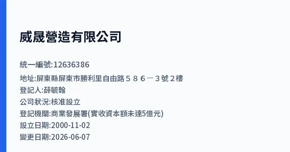 威晟營造有限公司的照片-統編 12636386(屏東縣) 公司登記資料與營業項目詳細圖表