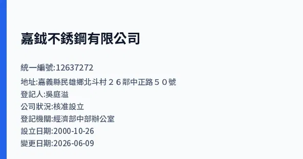 嘉鉞不銹鋼有限公司的照片-統編 12637272(嘉義縣) 公司登記資料與營業項目詳細圖表