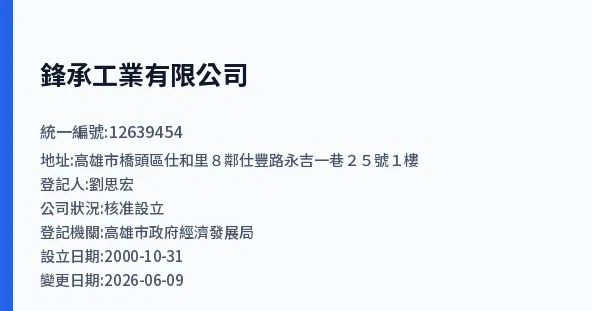 鋒承工業有限公司的照片-統編 12639454(高雄市) 公司登記資料與營業項目詳細圖表