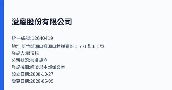 溢灥股份有限公司的照片-統編 12640419(新竹縣) 公司登記資料與營業項目詳細圖表