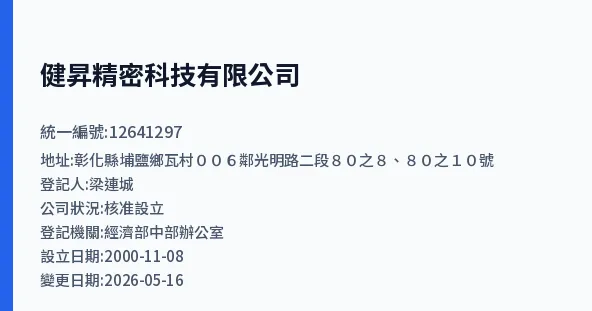 健昇精密科技有限公司的照片-統編 12641297(彰化縣) 公司登記資料與營業項目詳細圖表