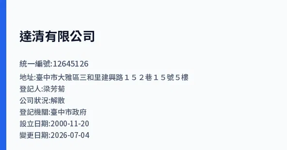 達清有限公司的照片-統編 12645126(臺中市) 公司登記資料與營業項目詳細圖表