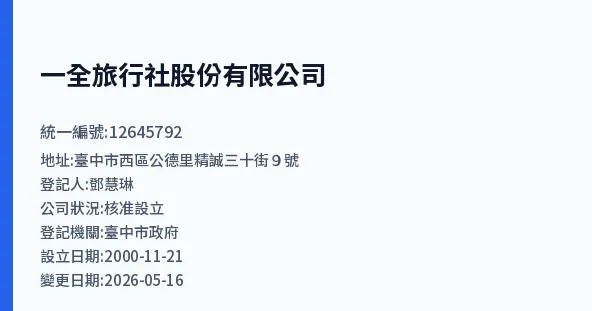 一全旅行社股份有限公司的照片-統編 12645792(臺中市) 公司登記資料與營業項目詳細圖表