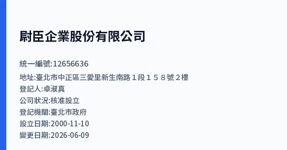 尉臣企業股份有限公司的照片-統編 12656636(臺北市) 公司登記資料與營業項目詳細圖表