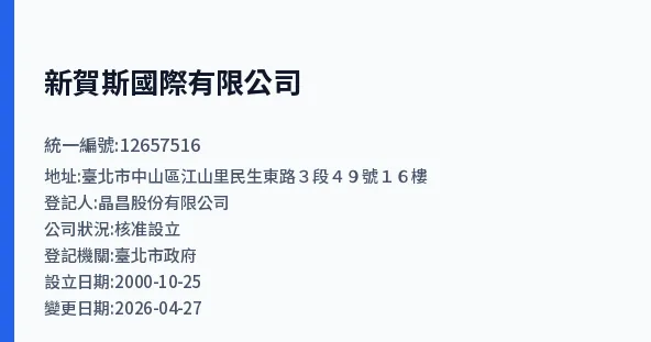 新賀斯國際有限公司的照片-統編 12657516(臺北市) 公司登記資料與營業項目詳細圖表